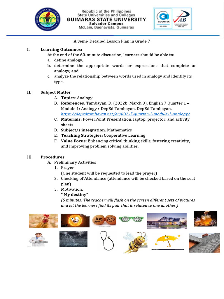 Semi Detailed Lesson Plan in English 7 | PDF | Analogy | Learning