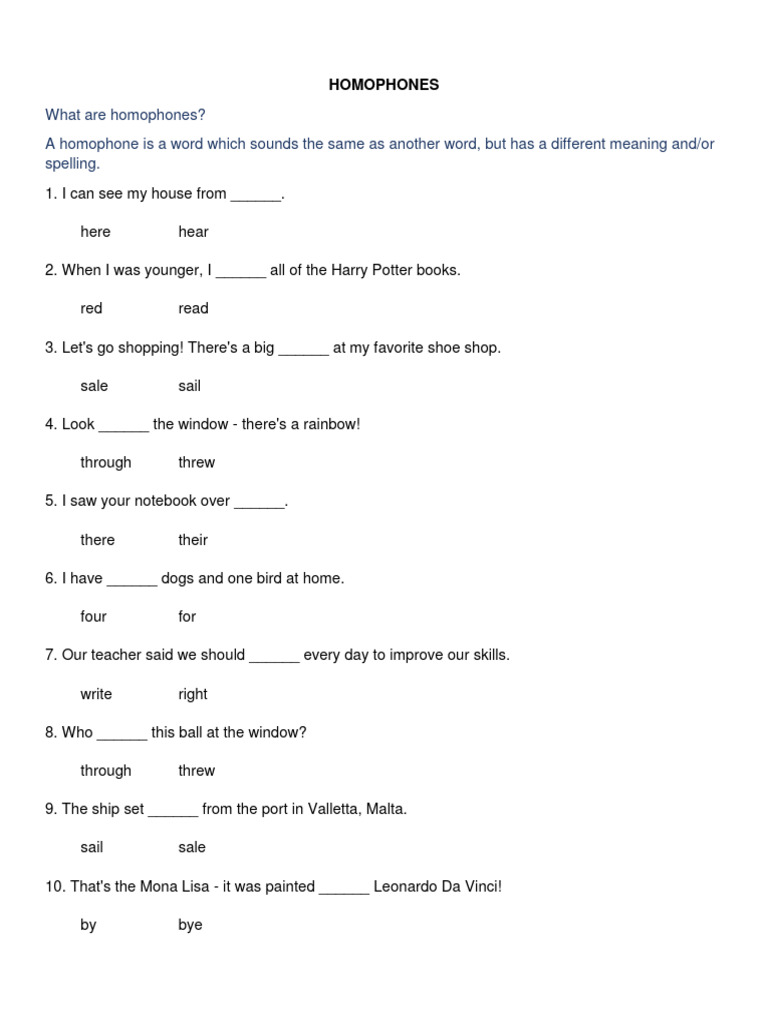Homophones Quiz: Test Your Knowledge | PDF