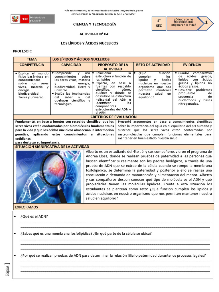 4°sec - UNIDAD 1 - ACTIVIDAD 4 (CyT Explica 2024) - Los Lípidos y Ácidos Nucleicos | PDF ...