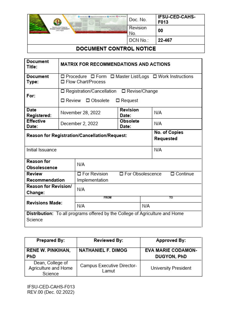 DCN No. 22-467, IFSU-CED-CAHS-F013 Matrix of Recommendations and Actions | PDF | Thesis