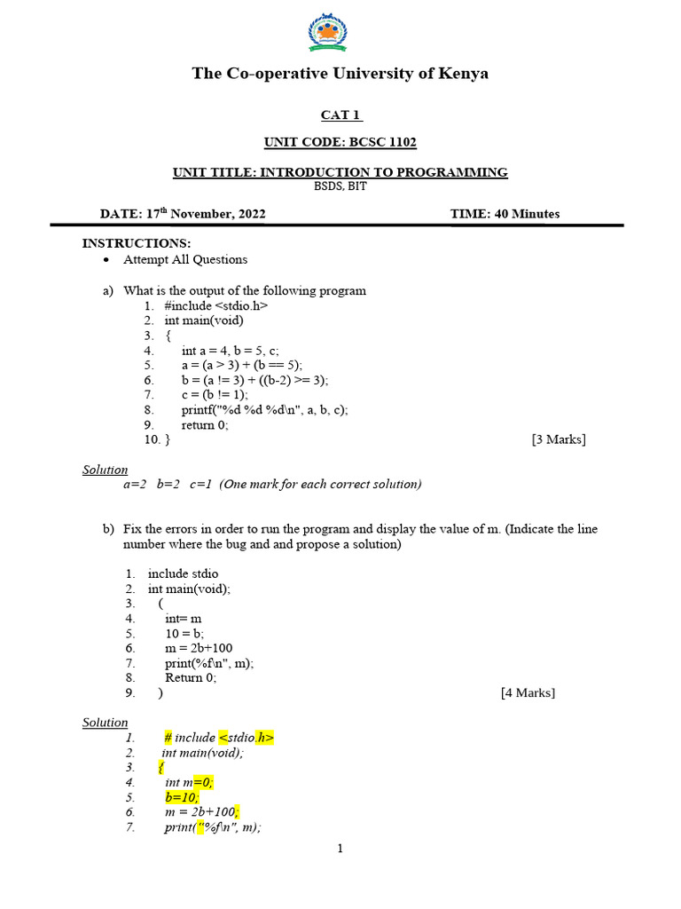 Bcse 1102 Introduction To Programming Cat G1 Marking Scheme Pdf Computer Programming Computing