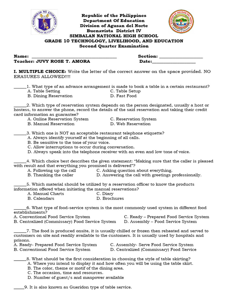 Grade 10 TLE Exam: Food Service Concepts | PDF | Restaurants | Menu