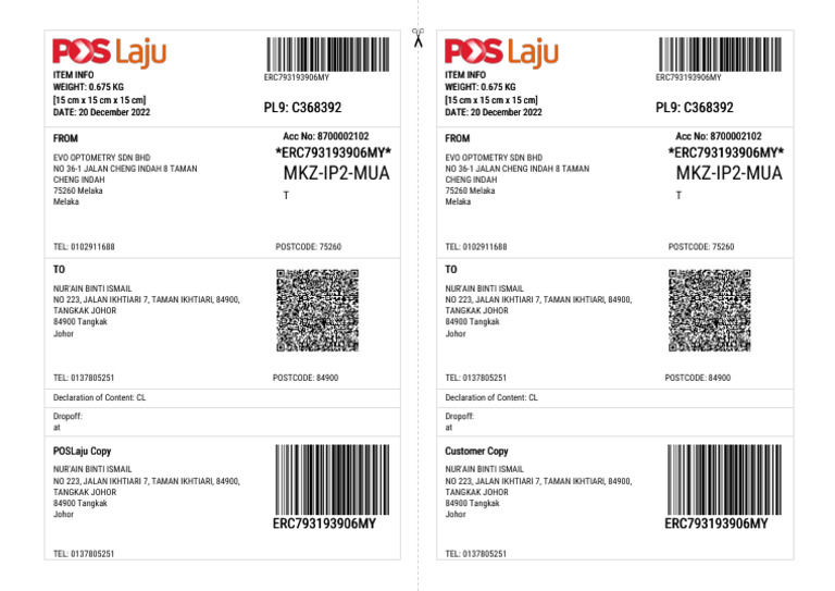 Shipping Details: EVO Optometry to Johor | PDF