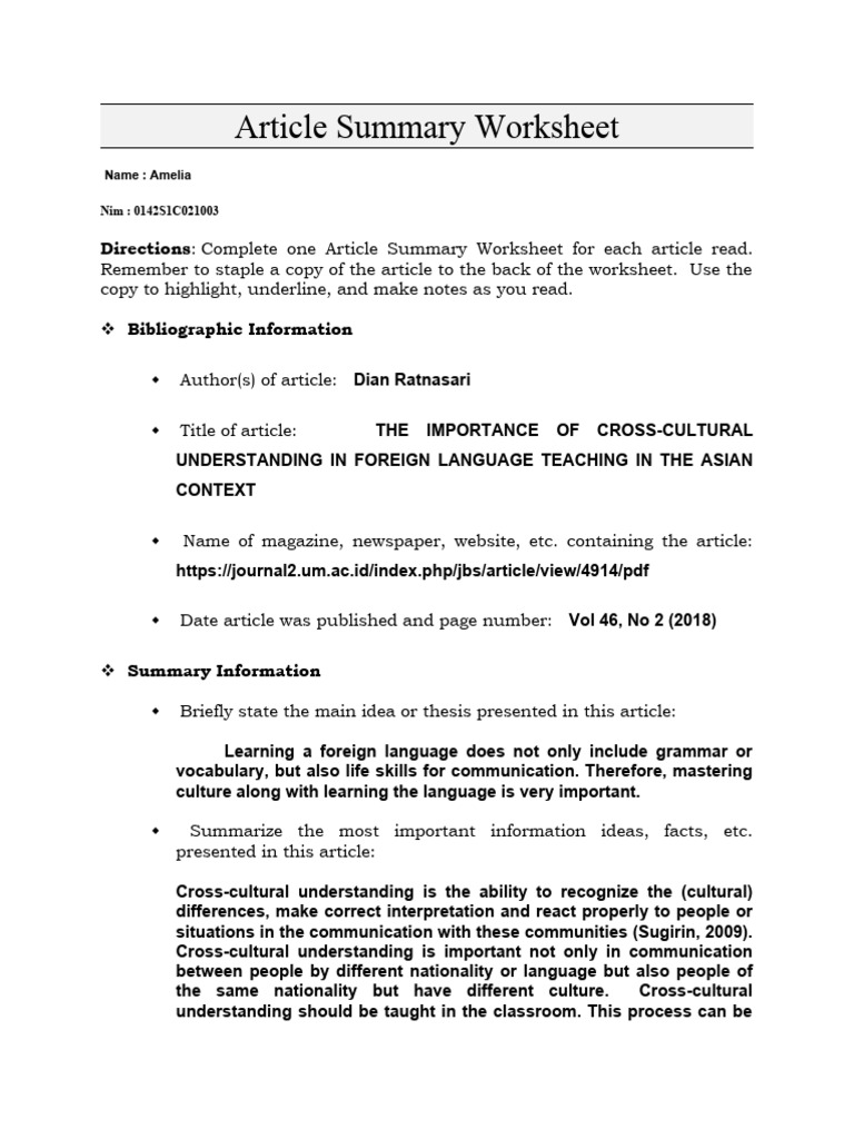 Article Summary Worksheet | PDF | Cross Cultural Communication ...