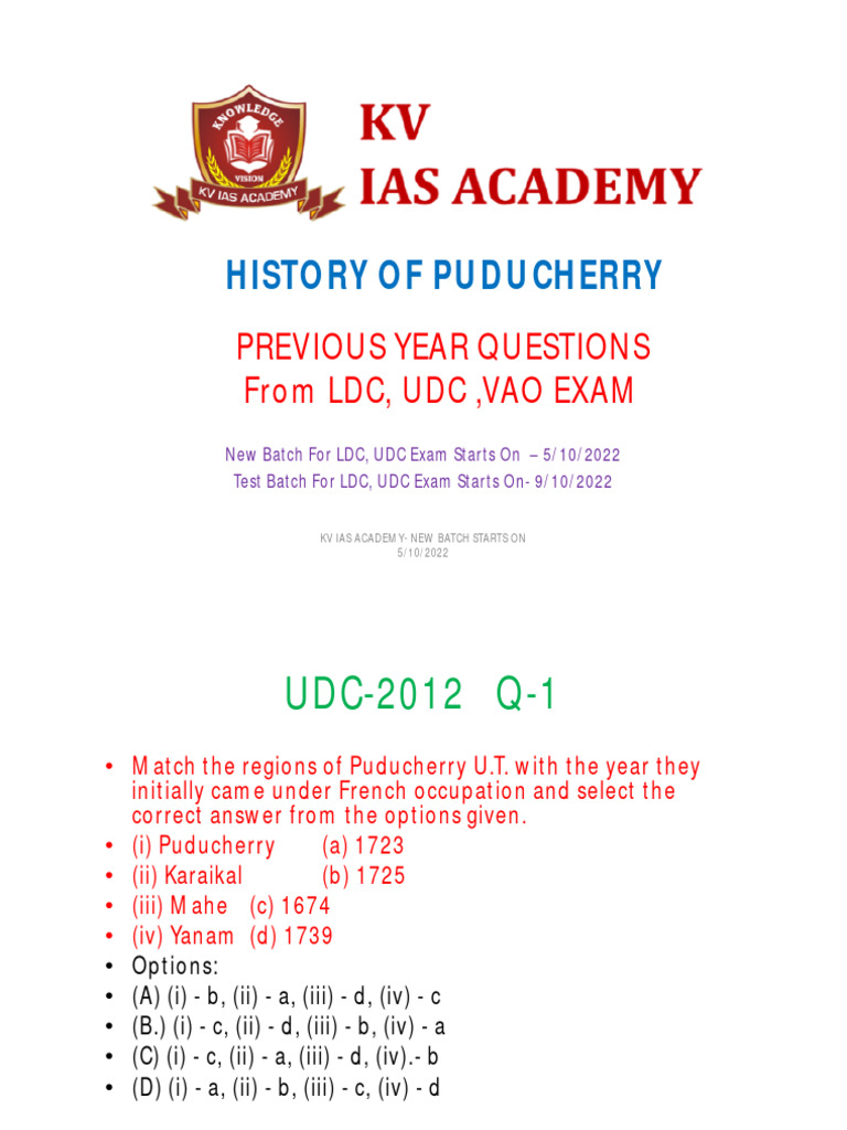 History of Puducherry: Previous Year Questions From LDC, Udc, Vao Exam | PDF