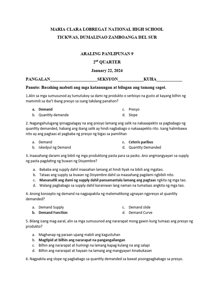 2nd Quarter Grade 9 Final Exam | PDF