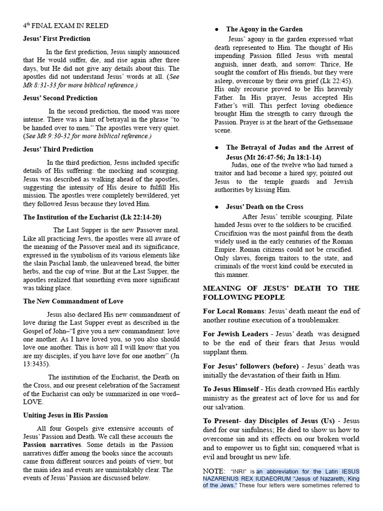 4th Final Exam in Reled | PDF | Resurrection Of Jesus | Jesus