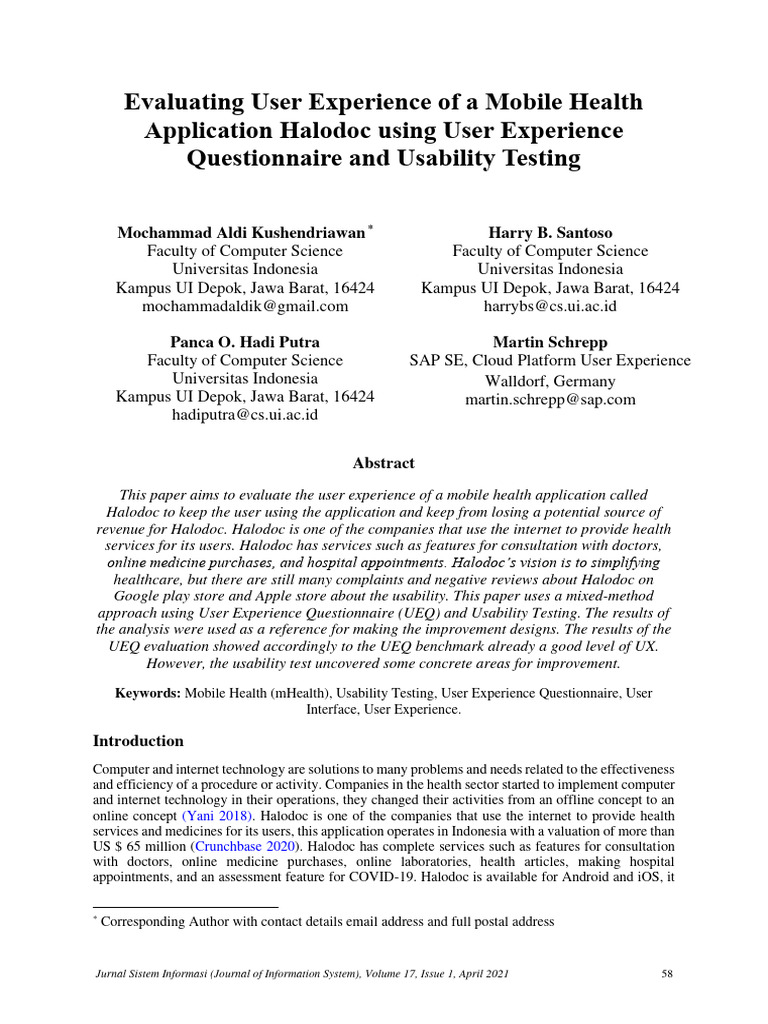 Evaluating User Experience of A Mobile Health Application Halodoc Using ... Evaluating User Experience of A Mobile Health Application Halodoc Using ...