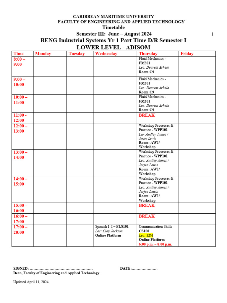 BENG Industrial Systems Summer Timetable | PDF | Engineering | Physical Sciences