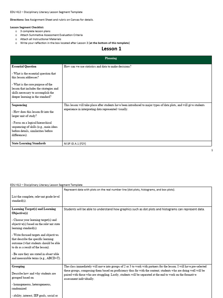Edu 412 Disciplinary Literacy Lesson Segment Template | PDF ...