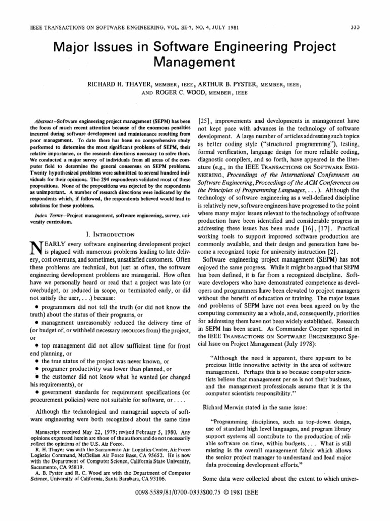 Major Issues in Software Engineering Project Management | PDF | Software Engineering ...