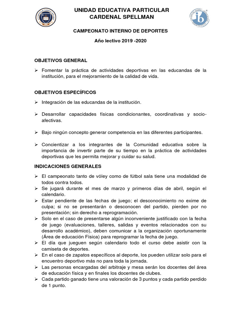 Reglamento Campeonato Deportivo 2019-2020 | PDF | Deportes | Juegos de ...