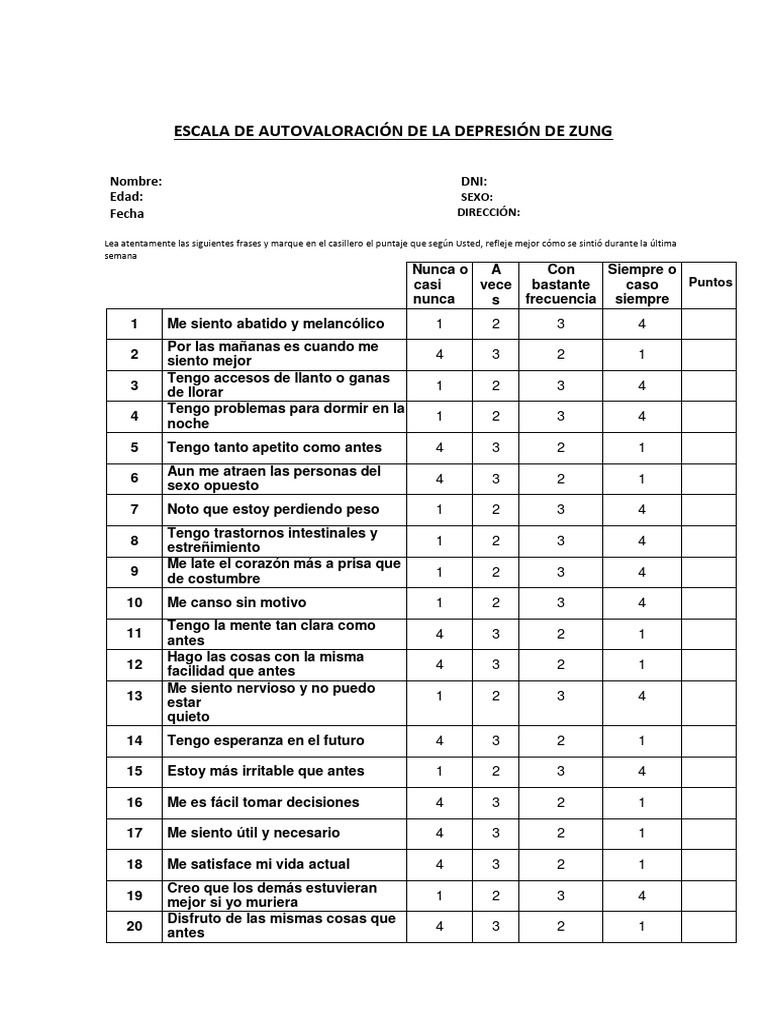 Escala de Autovaloración de Ansiedad y Depresión de Zung | PDF