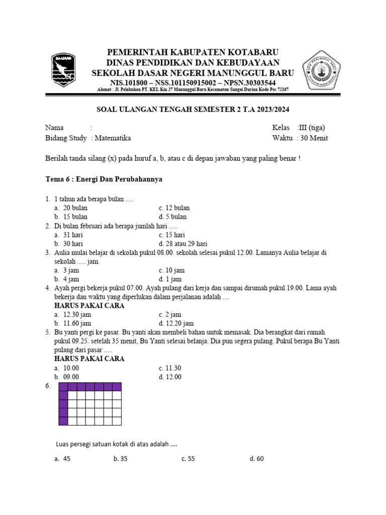 Soal Uts SMT 2 Matematika KLS 3 | PDF | Seni