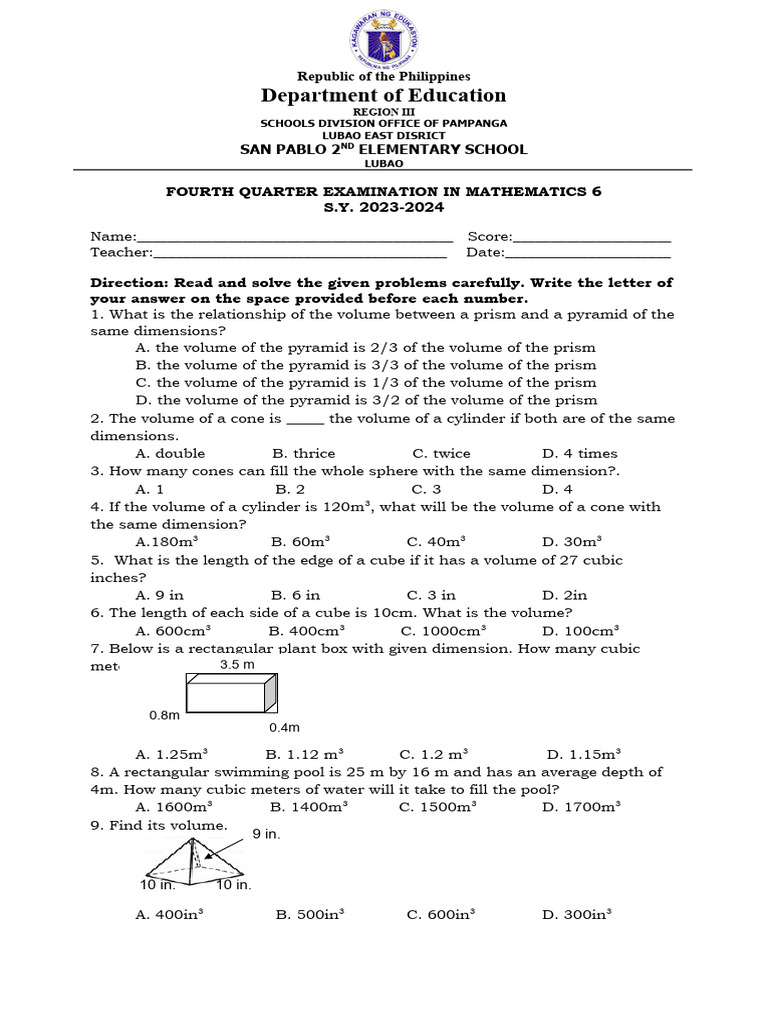 4TH PT in Math 6 23-24 | Download Free PDF | Volume | Euclidean Geometry