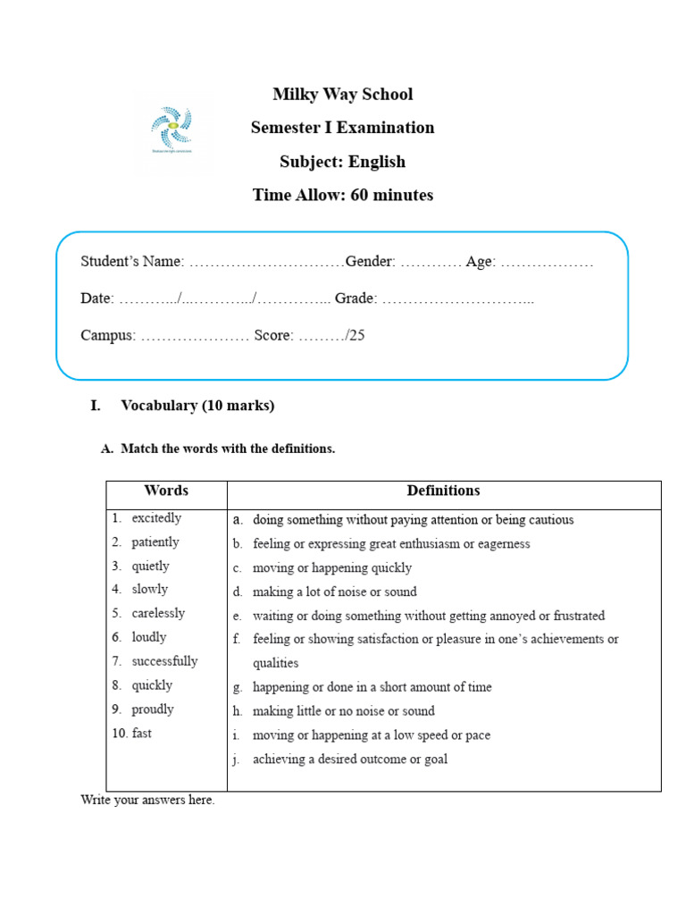 English Exam for Milky Way School | PDF