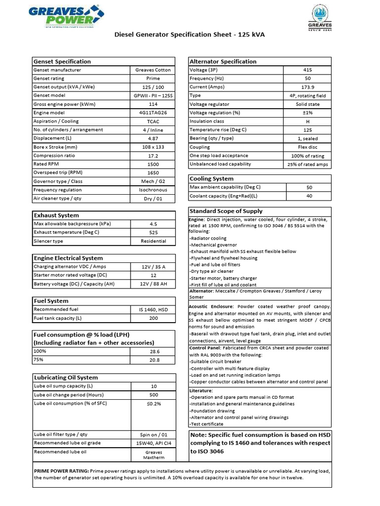 125 kVA Greaves Brochure | PDF | Diesel Engine | Engines