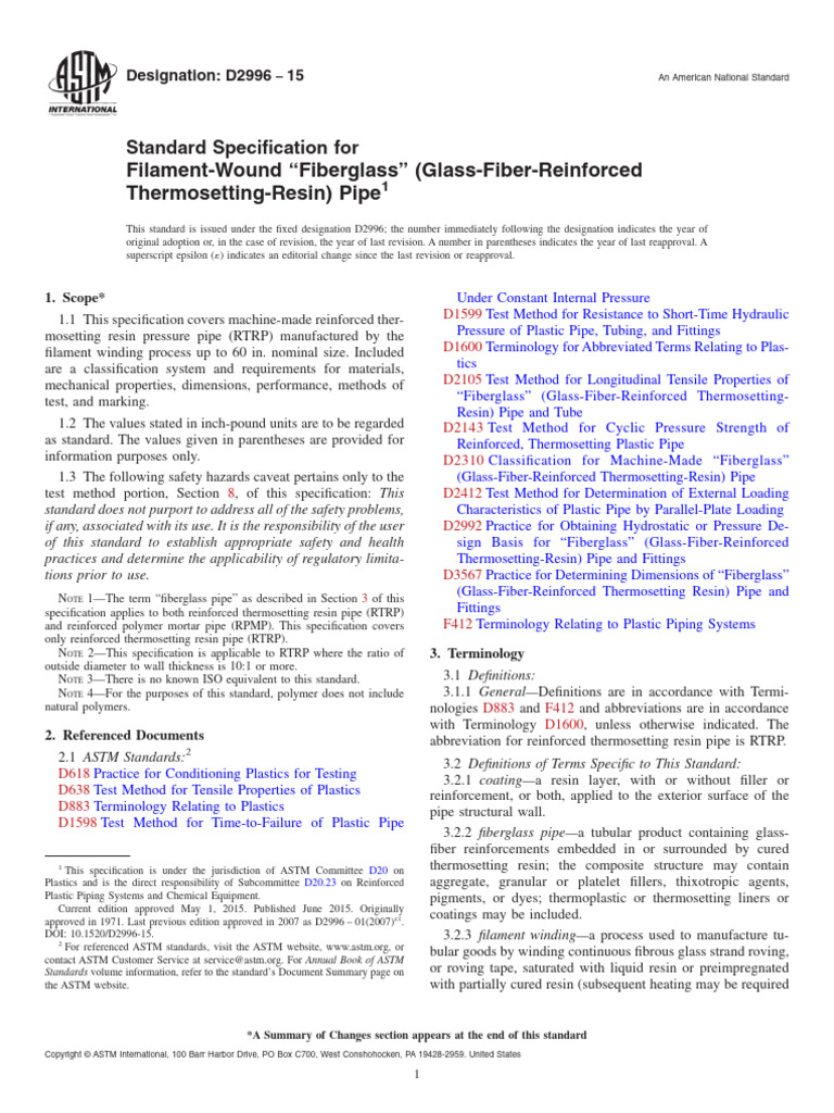 D2996-15 Standard Specification For Filament-Wound "Fiberglass" (Glass ...