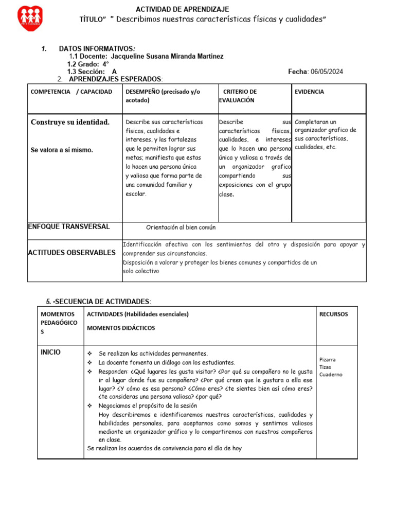 Identidad y Autoaceptación en 4° Primaria | PDF | Evaluación | Ciencias ...