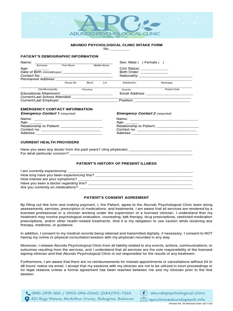 APC Intake Form-V5 | PDF | Self Harm | Psychotherapy