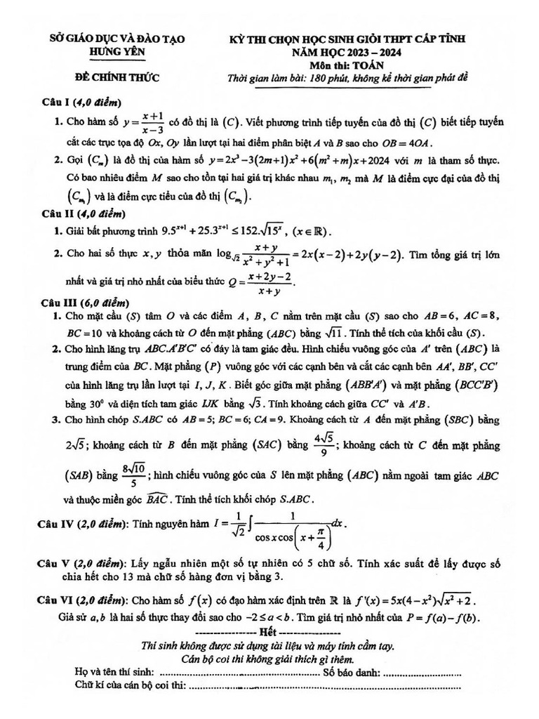 De Hoc Sinh Gioi Toan THPT Cap Tinh Nam 2023 2024 So GDDT Hung Yen | PDF