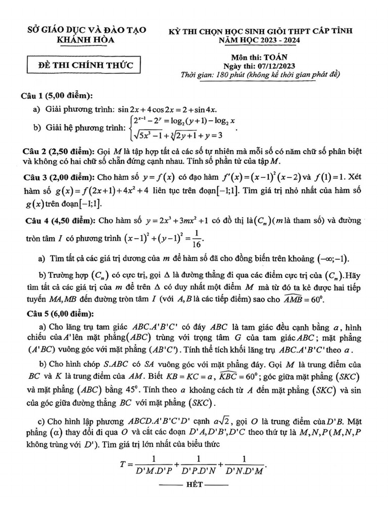 De Hoc Sinh Gioi Cap Tinh Toan THPT Nam 2023 2024 So GDDT Khanh Hoa | PDF