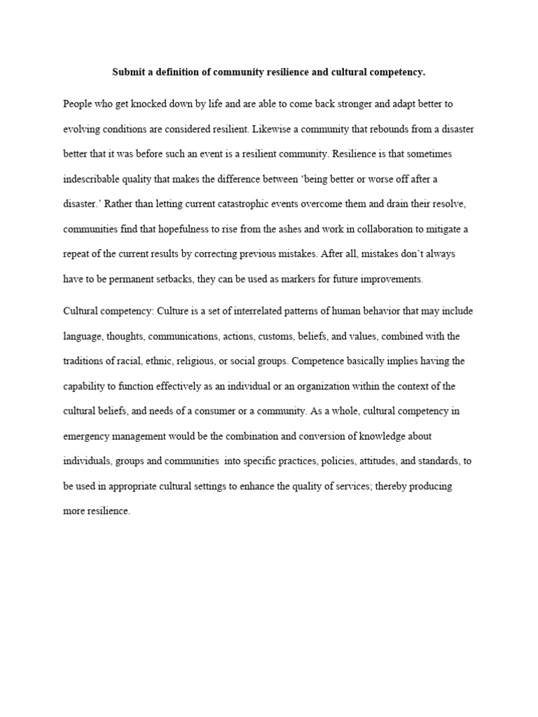 WK 1 ASSIGNMENT Definition of Community Resilience and Cultural Competency | PDF | Social ...
