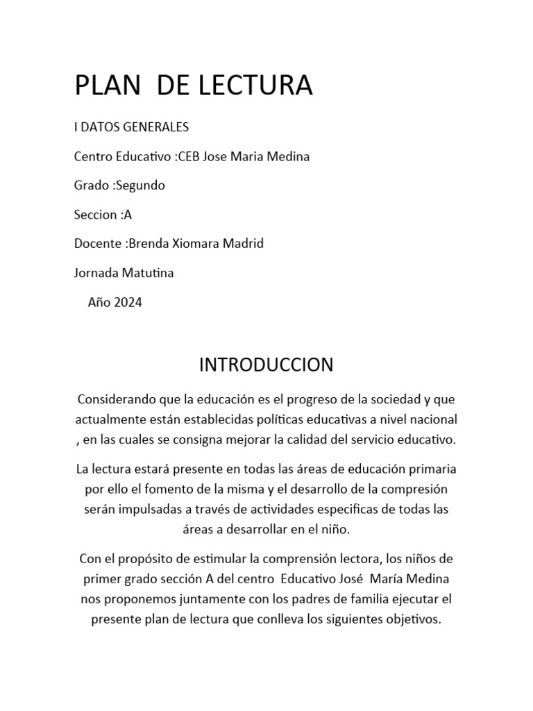 Plan de Lectura | PDF | Comprensión lectora | Educación primaria
