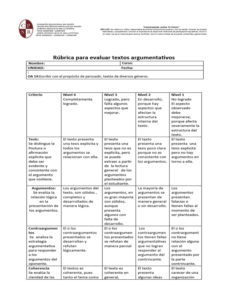 Rùbrica Texto Argumentativo | Descargar gratis PDF | Argumento