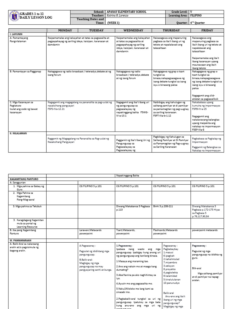 Grade 5 DLL FILIPINO 5 Q4 Week 1 | PDF