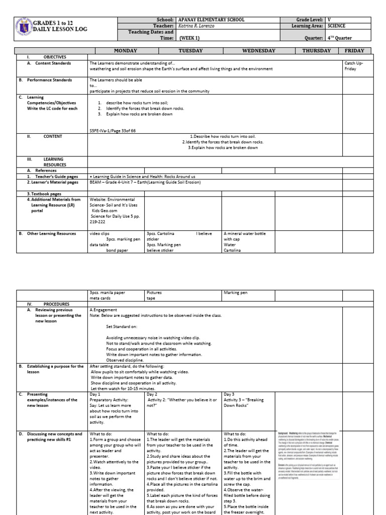 Grade 5 Science Daily Lesson Log | PDF | Learning | Teachers