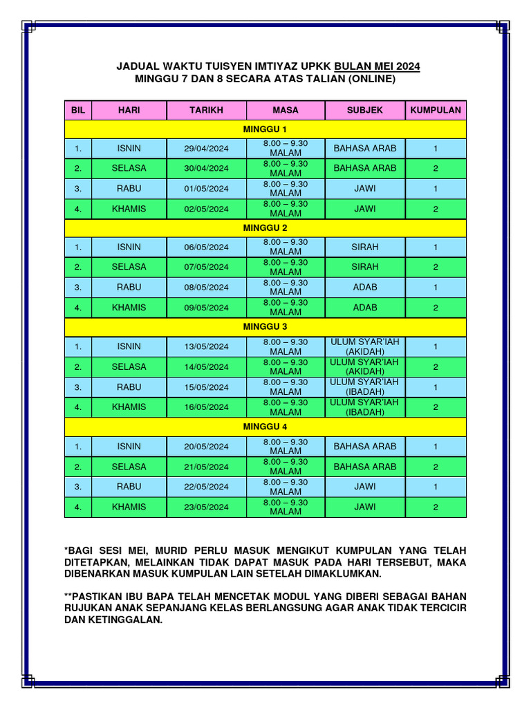 Jadual Waktu Tuisyen Imtiyaz Upkk Bulan Mei 2024 | PDF