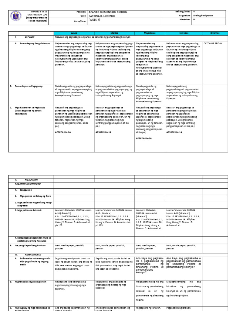 Grade 5 DLL Araling Panlipunan 5 Q3 Week 3 | PDF