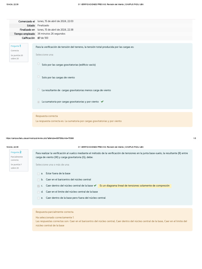 01 VERIFICACIONES PREVIAS_ Revisión del intento _ CAMPUS FADU UBA | PDF | Mecánica de Medios ...