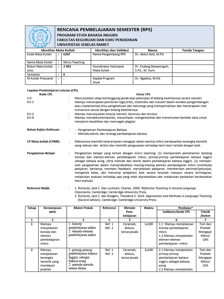 RPS Dan Kontrak Kuliah Microteaching | PDF