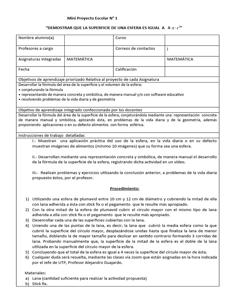 Superficie de la Esfera: Proyecto Escolar | PDF | Geometría | Esfera