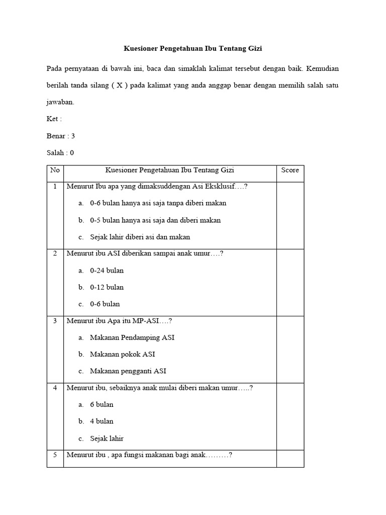 Kuesioner Pengetahuan Ibu Tentang Gizi | PDF