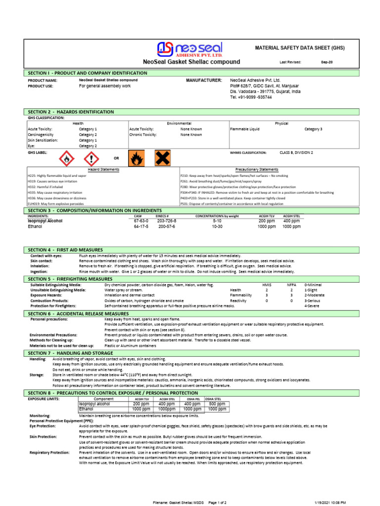 Gasket Shellac MSDS | Download Free PDF | Firefighting | Water