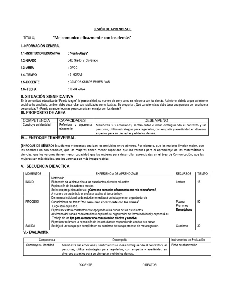 Sesión de Aprendizaje 2024 | PDF | Maestros | Evaluación