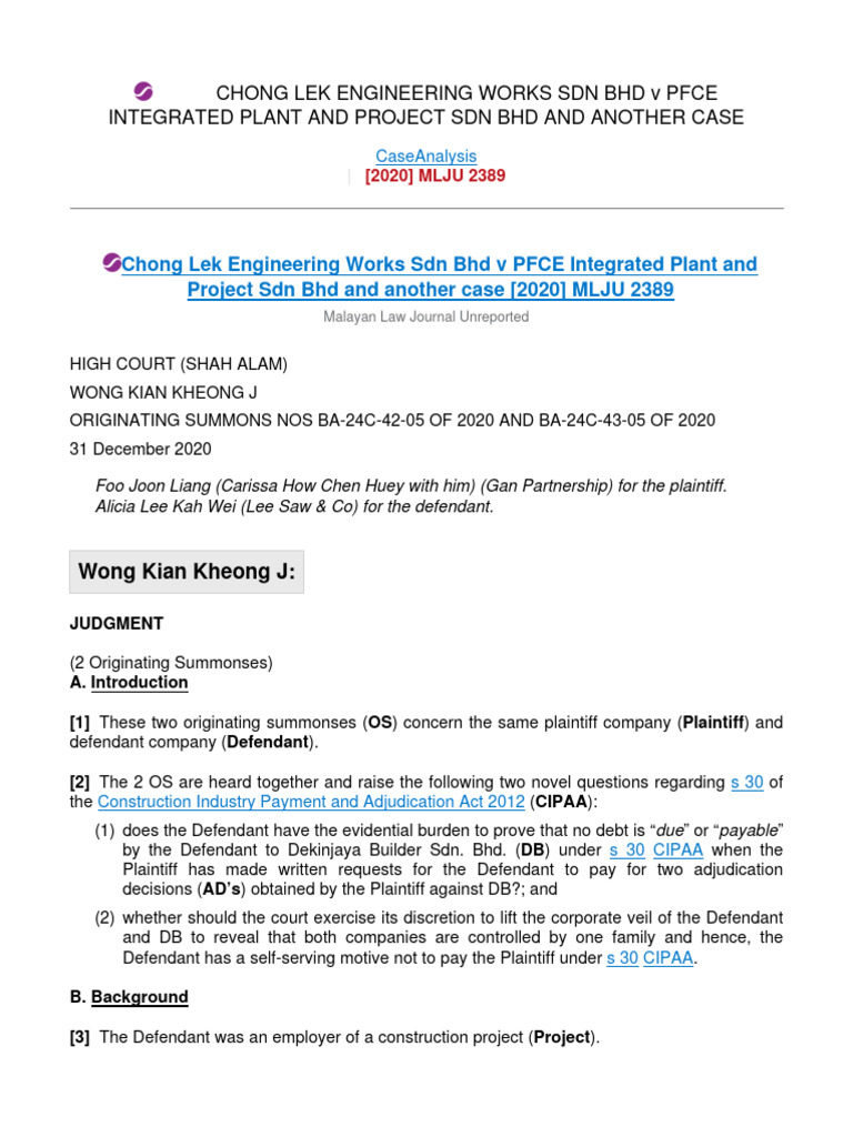Chong Lek Engineering Works SDN BHD V PFCE Integrated P | PDF | Piercing The Corporate Veil ...