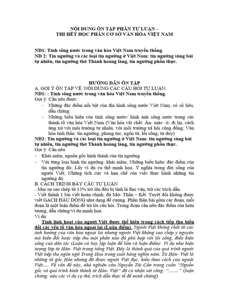 NỘI DUNG ÔN TẬP PHẦN TỰ LUẬN - Hệ VB2- VHVL | PDF