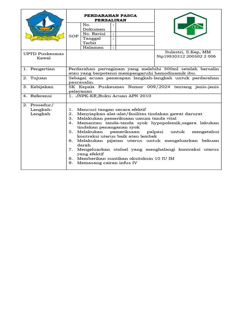 SOP Perdarahan Pasca Persalinan | PDF