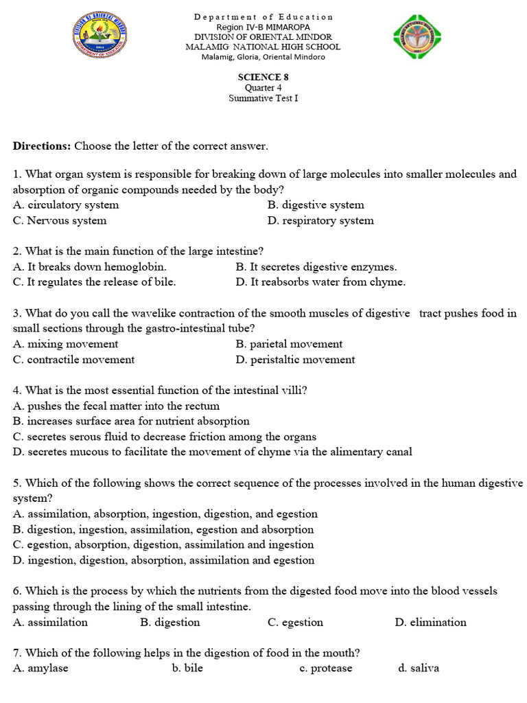 Q4 G8 Summative Test 1 M1 M2 M3 | PDF | Digestion | Gastrointestinal Tract