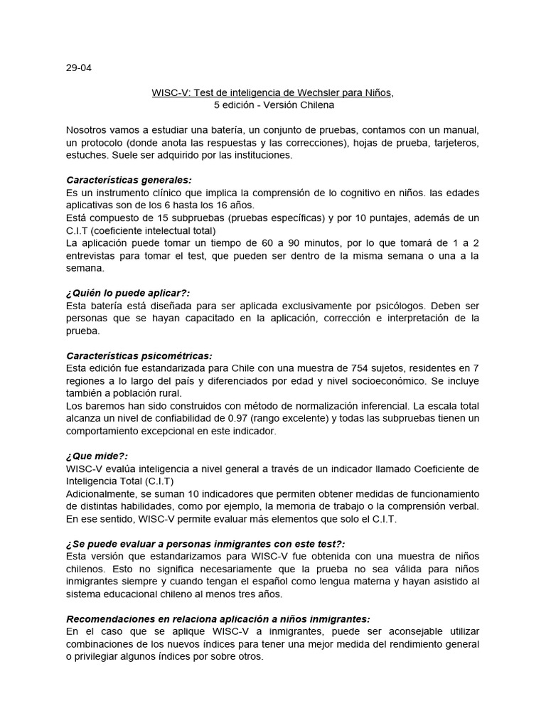 WISC-V_ Test de inteligencia de Wechsler para Niños | PDF | Escala de ...