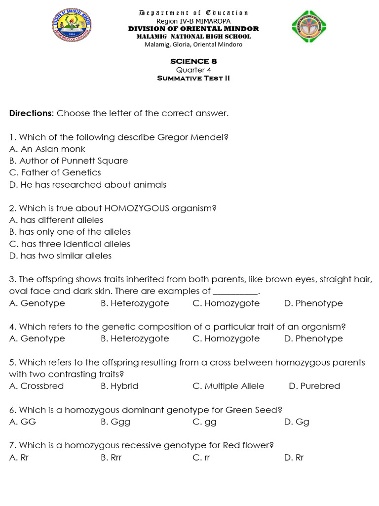 Q4 G8 Summative Test 1 M4 M5 M6 M7 | PDF | Genotype | Allele
