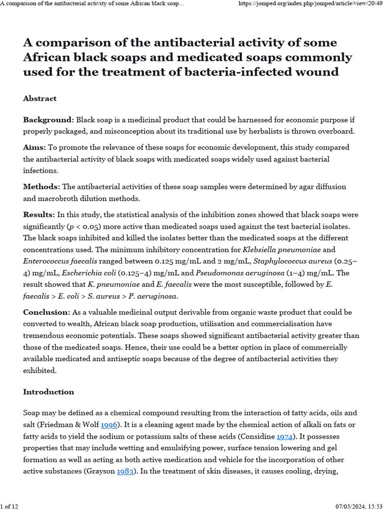 A Comparison of The Antibacterial Activity of Some African Black Soaps and Medicated Soaps ...