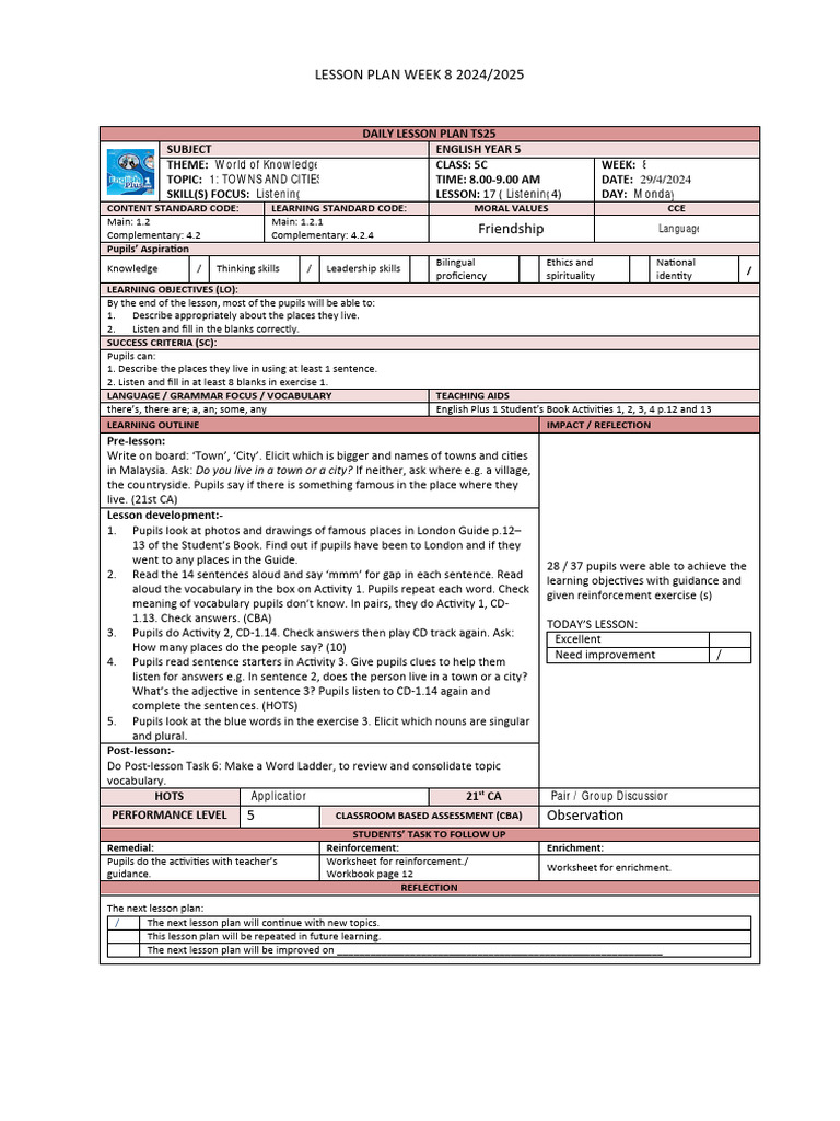 Lesson Plan Week 8 2024/2025 | Download Free PDF | Lesson Plan | Vocabulary