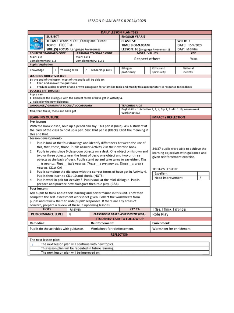 LESSON PLAN WEEK 6 2024/2025: Content Standard Code: Learning Standard Code: Moral Values CCE ...