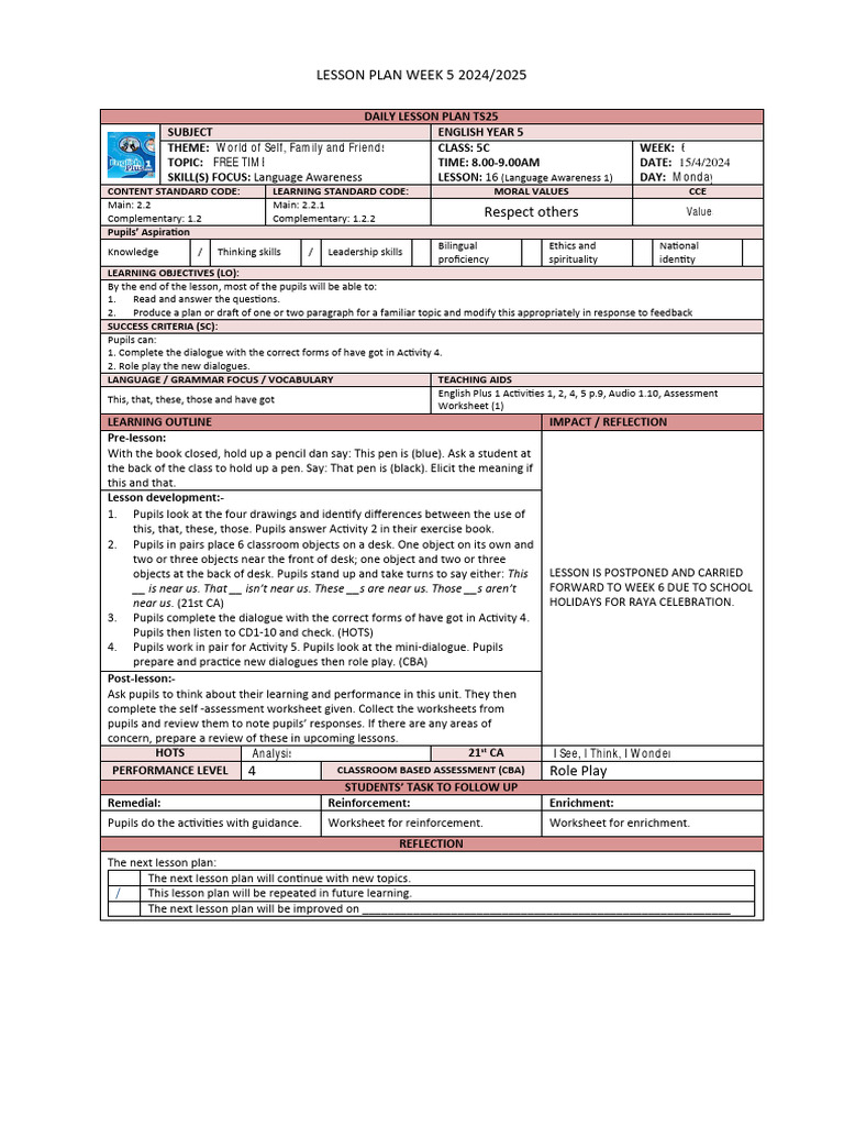 LESSON PLAN WEEK 5 2024/2025: Content Standard Code: Learning Standard Code: Moral Values CCE ...