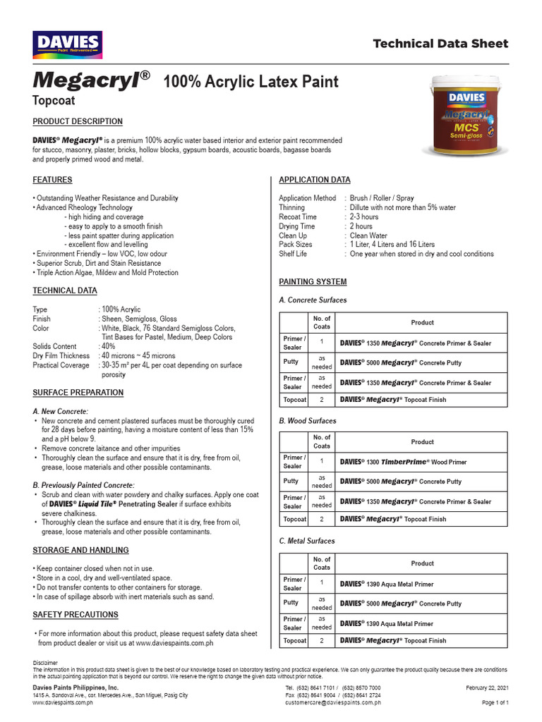 (Standard) Tds-Dv-Megacryl Topcoat (Sheen - SG - Gloss) - 20210222 | PDF | Acrylic Paint | Paint